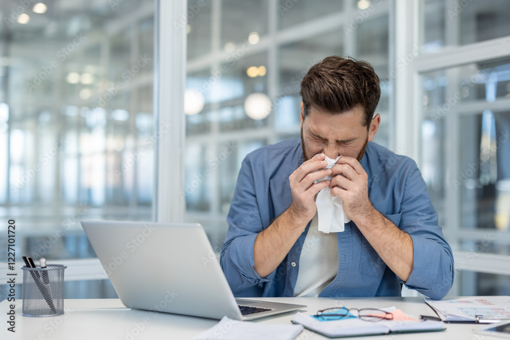 Sick man suffering at workplace, sneezing. Worker has runny nose and ...