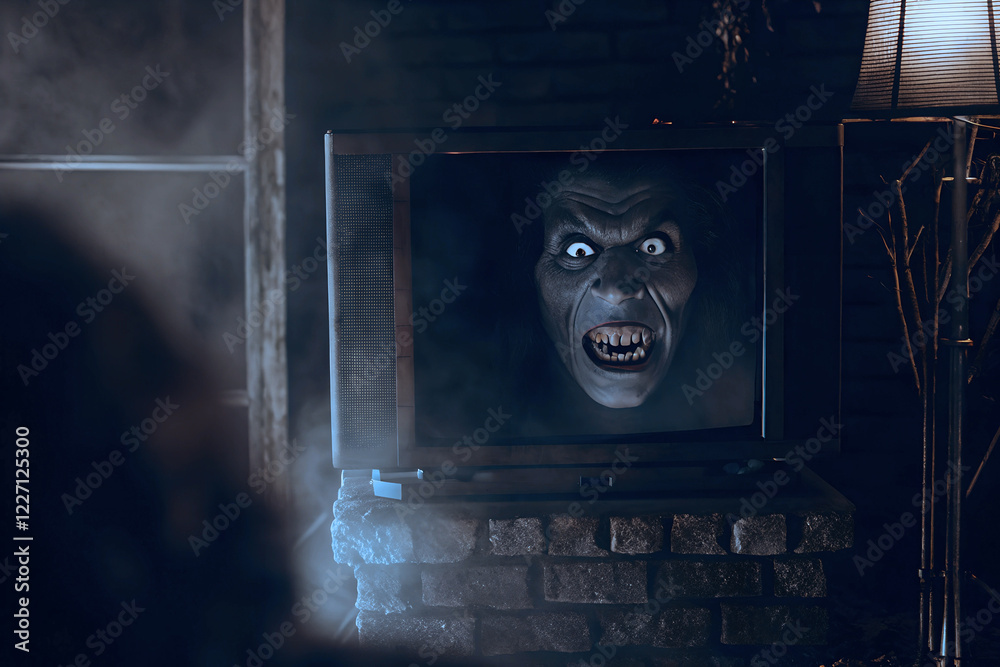 Horror movie concept. Scary zombie pops out of a screen TV in the ...
