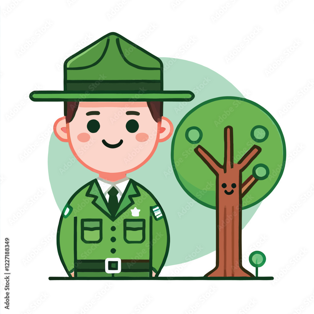 Smiling Park Ranger with a Happy Tree Cartoon Illustration Stock Vector ...