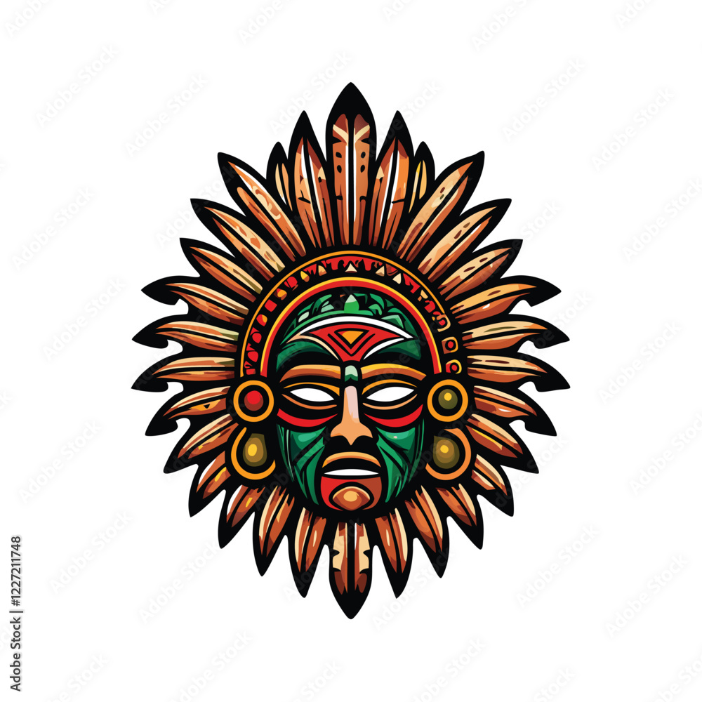 Design a logo featuring a richly decorated Aztec sun god mask ...