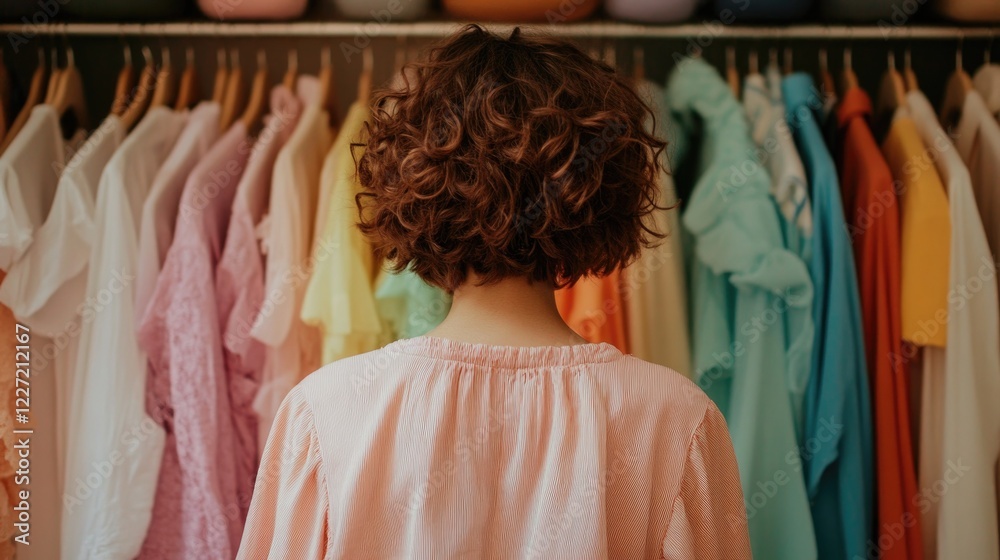 Female choosing outfit from colorful curated wardrobe in closet Stock ...