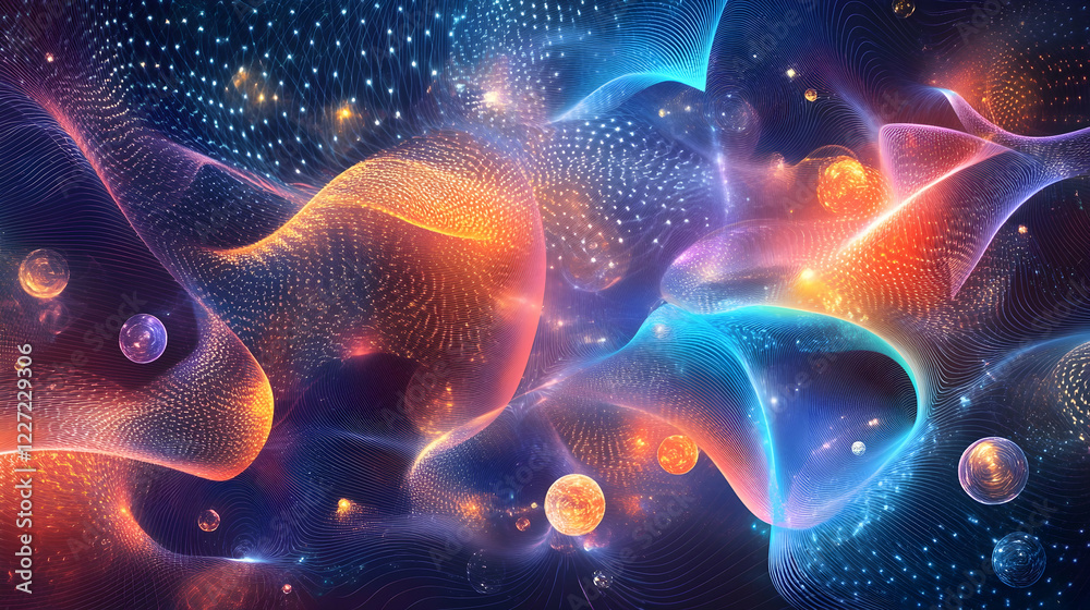 colorful quantum physics science background with complex waveforms and ...