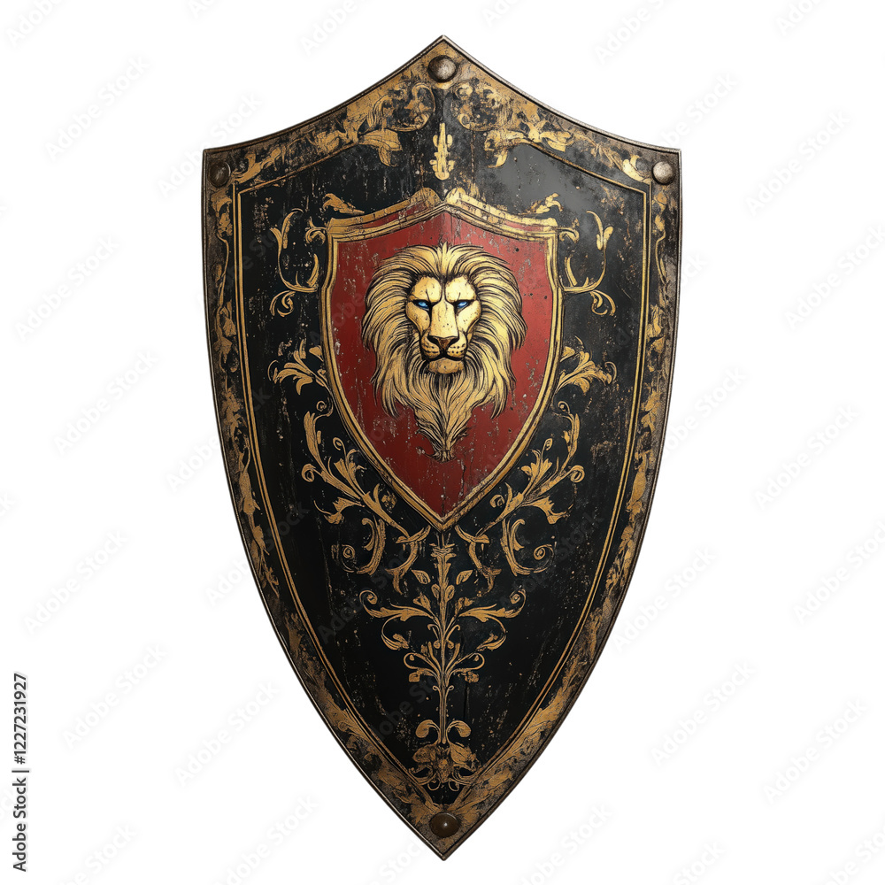Medieval knight's shield with an ornate lion emblem, gold detailing ...