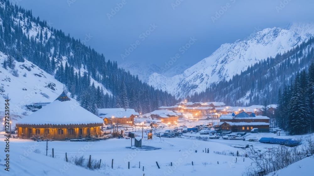 Hotel and Restaurant from Yurt nomadic house complex at Ski resort ...