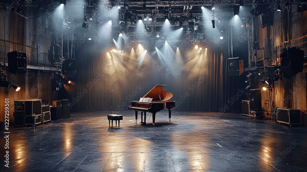 Grand piano on stage under spotlights in empty concert hall, ready for ...