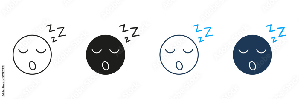 Sleeping Face with ZZZ Line and Silhouette Icon Set. Peaceful Rest and Sleepy Expression Symbol ...