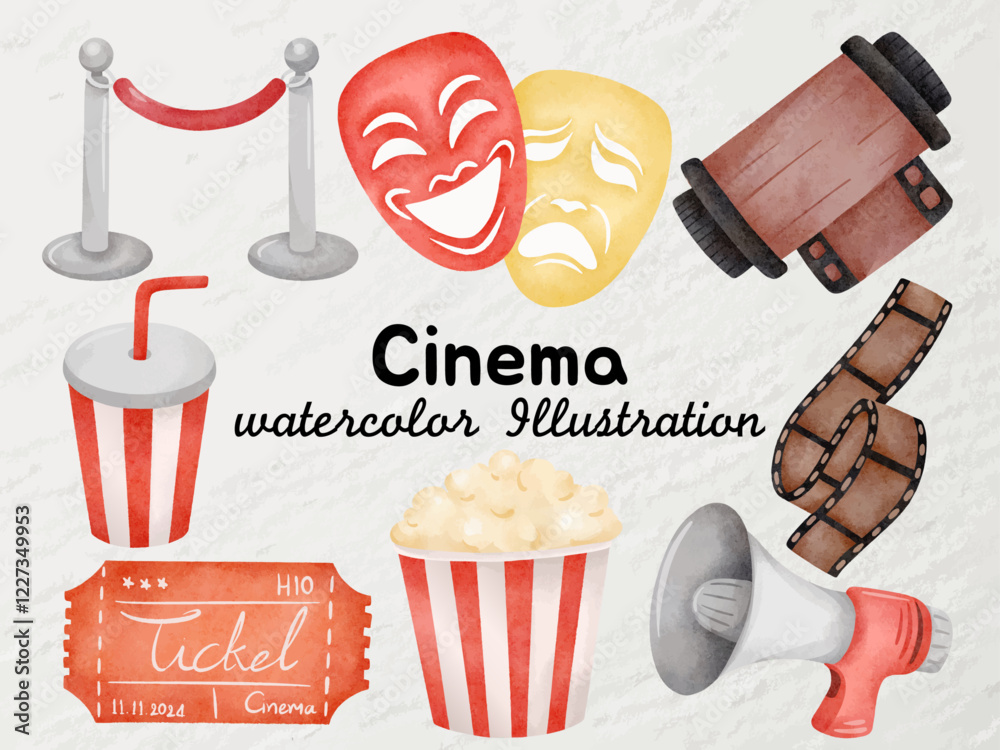 Watercolor Cinema Clipart - Hand-Painted Movie Theater Elements with ...