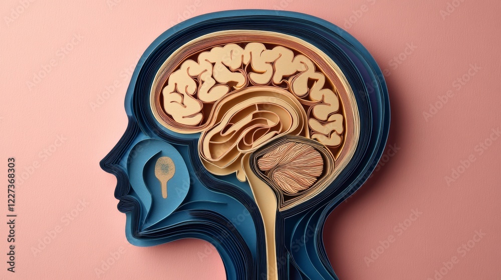 Stock-Illustration „Paper craft brain study, sleek profile outline in ...