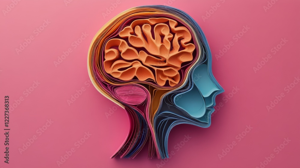 Paper craft brain study, sleek profile outline in midnight blue ...