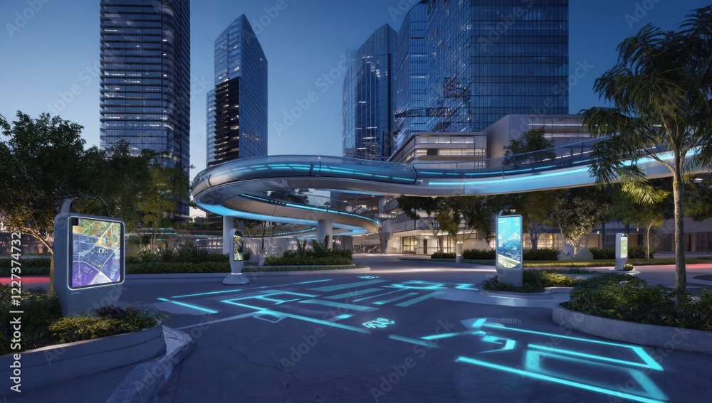Foto de Stock Elevated walkways with glowing blue lights connect modern ...