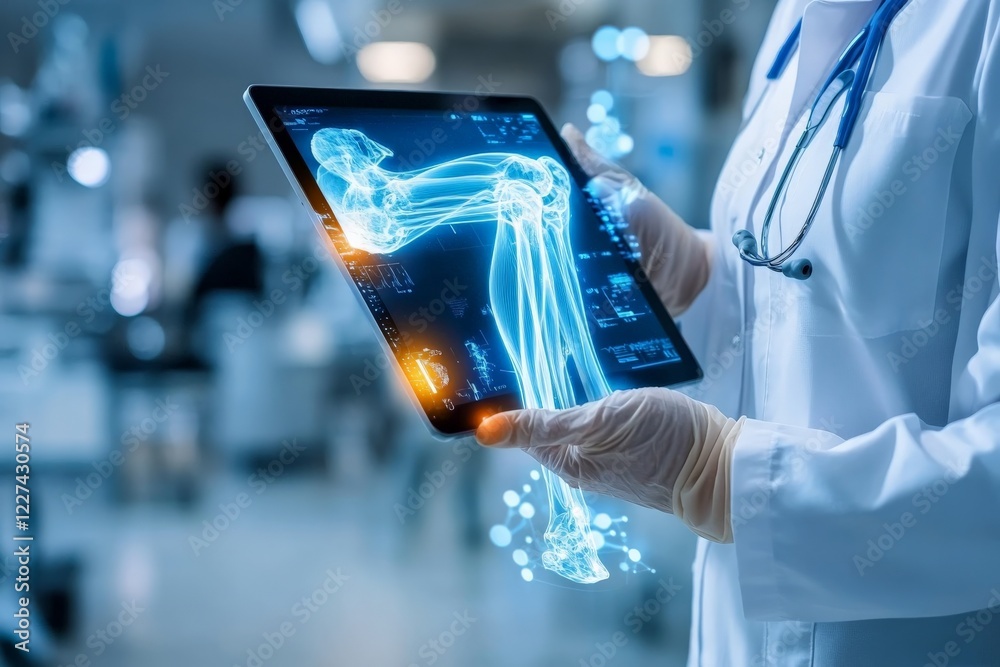 Medical professional examines digital skeletal image of a knee joint ...