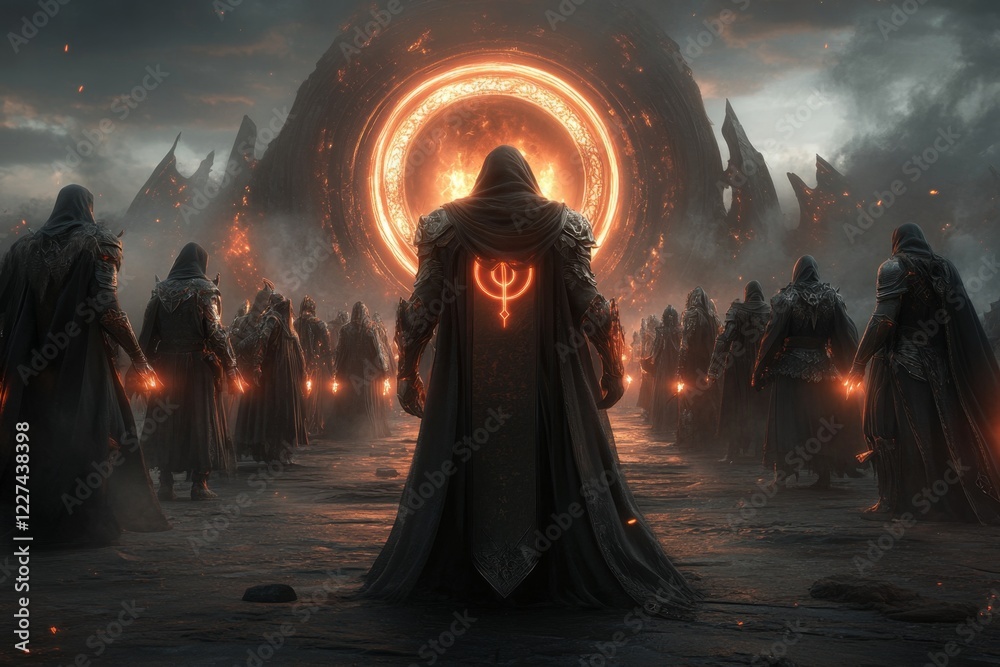 A gothic depiction of an ancient ritual where a glowing symbol of ...