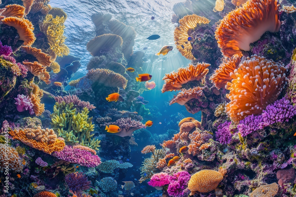 An HD view of a vibrant underwater gathering, where marine life and ...