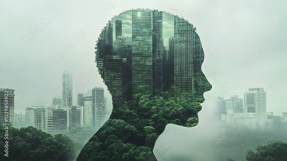 skyline gradually dissolving into a dense jungle within the shape of a ...