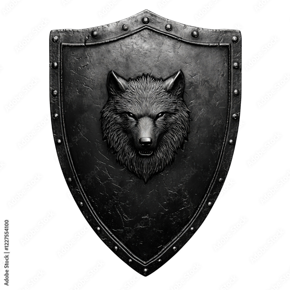 Dark medieval shield with a fierce silver wolf emblem, featuring battle ...
