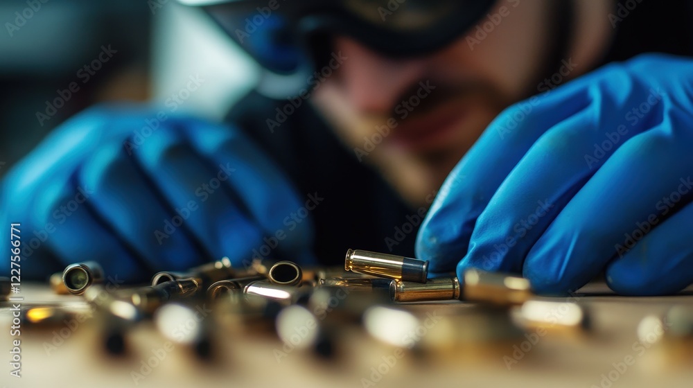Gunsmith examining brass shell casings on workbench with precision ...