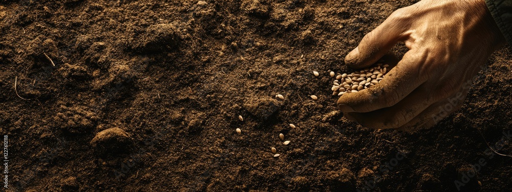 Hand planting seeds in rich soil for reforestation and environmental ...