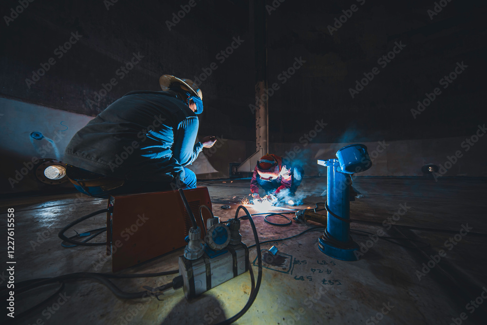Welding male worker metal is part foam dam of machinery plate bottom ...