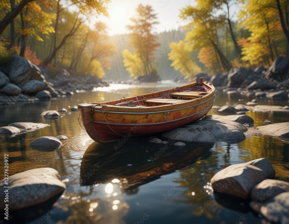 Petite bateau en bois flottant sur une rivi?re avec des pierres, woodland scene, small wooden ...