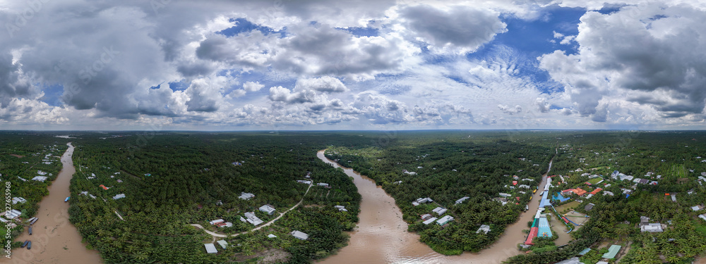 Aerial view of Vietnamese forest on the Mekong Delta, waterway ...