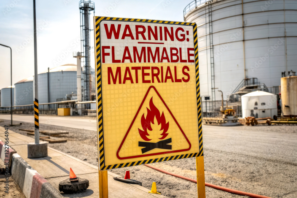 A cautionary sign warns of flammable materials near industrial storage ...