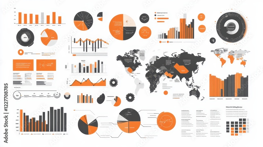 Collection of charts and graphs illustrating data, featuring orange and ...