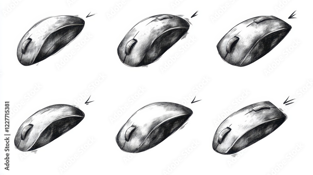 Six grayscale sketches of a computer mouse from different angles ...