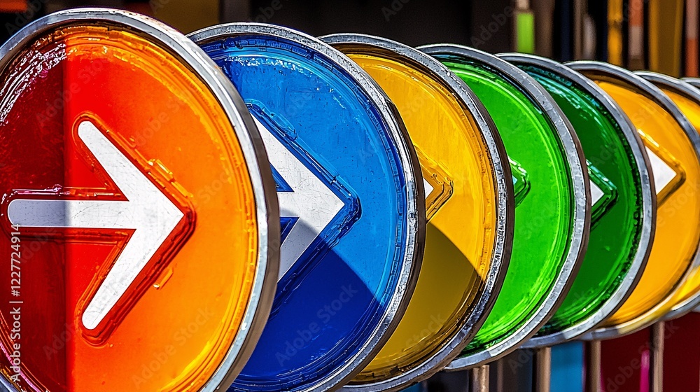 series of colorful airport symbols on directional signs, representing ...