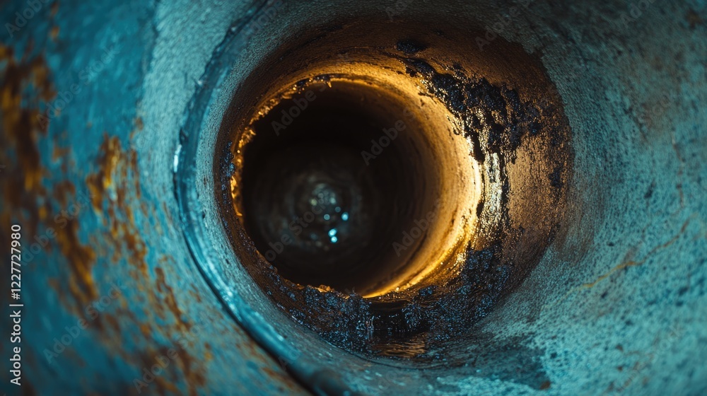 Rusty sewer pipe interior with water leakage and corrosion creating a ...