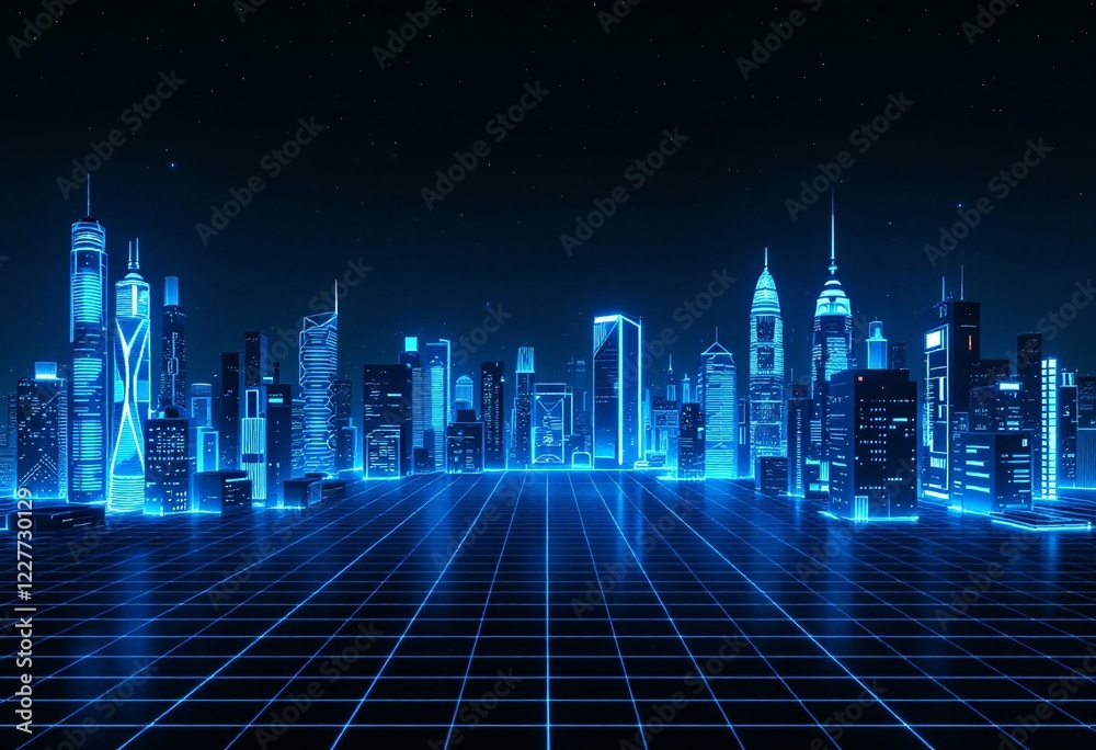 Retro synthwave city skyline with neon blue grid landscape. Futuristic ...