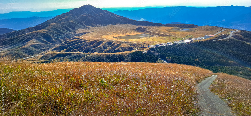 Mount Aso, or Aso Volcano, the largest active volcano in Japan stands ...