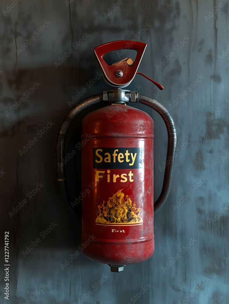 Safety first fire extinguisher display at a public location promoting ...