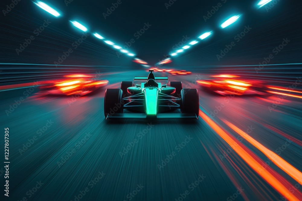 High speed racing scene with motion blurred race cars illuminated by ...