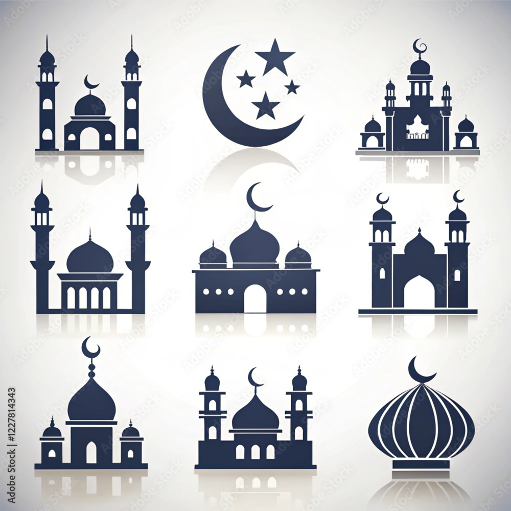 Eid ul Fitr Mosque and Crescent Moon Icon Set: Spiritual and Festive ...