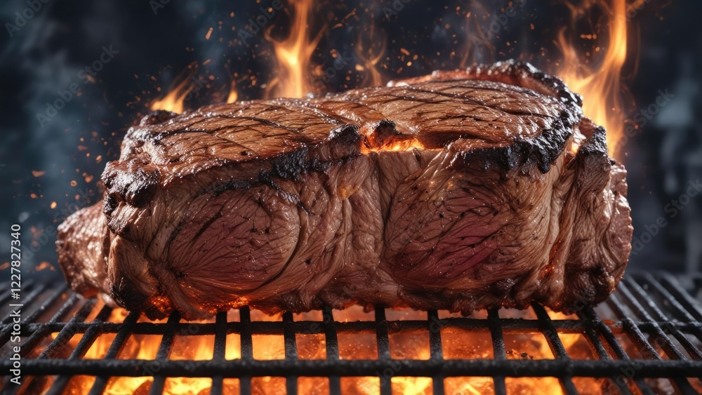 Sizzling bison ribeye on grill with sparks flying in the air, bison ...