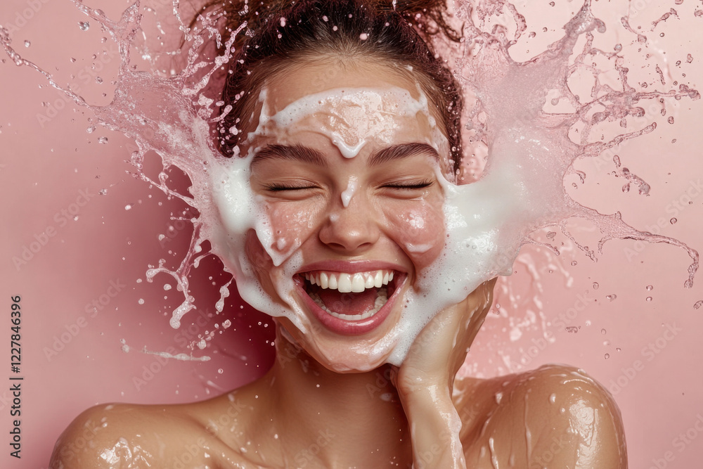 Pretty woman laughing while getting splashed in the face with milk ...