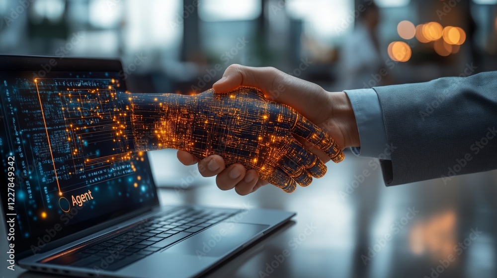 An autonomous robot AI agent and human handshake symbolizing agentic ...