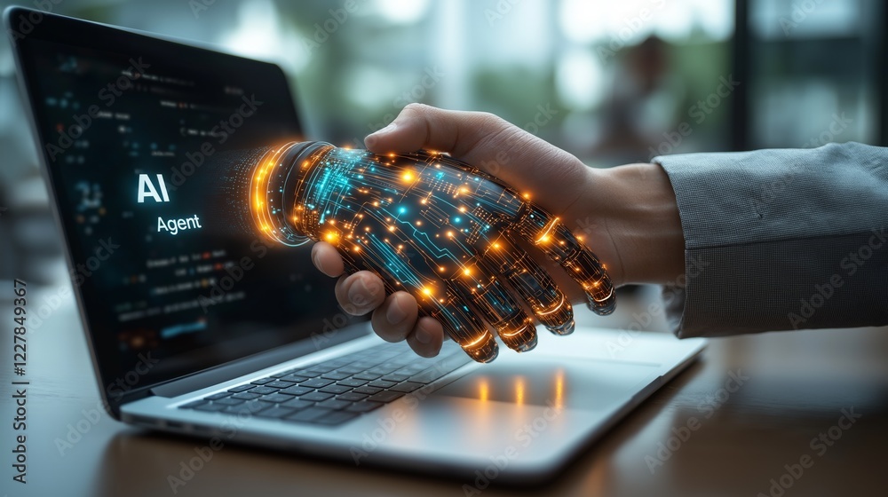 An autonomous robot AI agent and human handshake symbolizing agentic ...