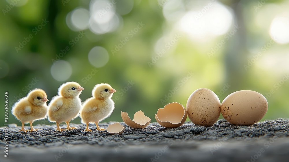 Baby chicks hatching from eggs in a serene outdoor setting at sunrise ...