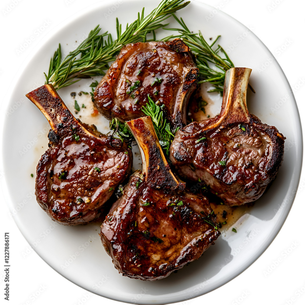 Pan-seared lamb chops with a caramelized crust on transparent ...