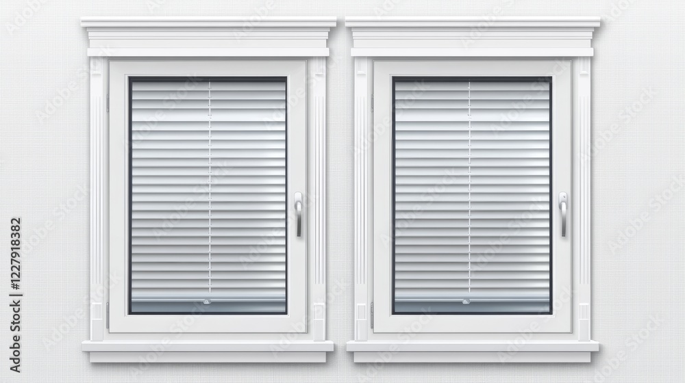 Window with roller shutter up and close. Plastic pvc double casement ...