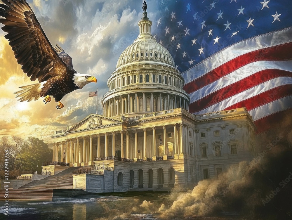 the U.S. Capitol building with an American flag and bald eagle in front ...