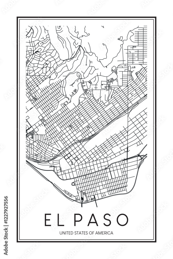 Printable downtown road map poster of the USA city of EL PASO on solid ...