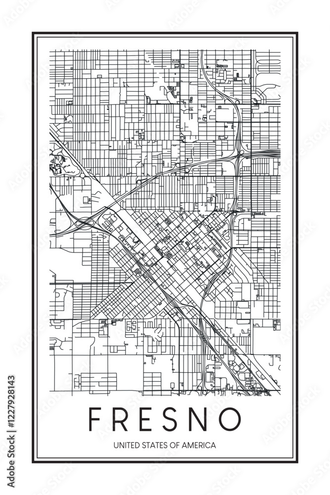 Printable downtown road map poster of the USA city of FRESNO on solid ...