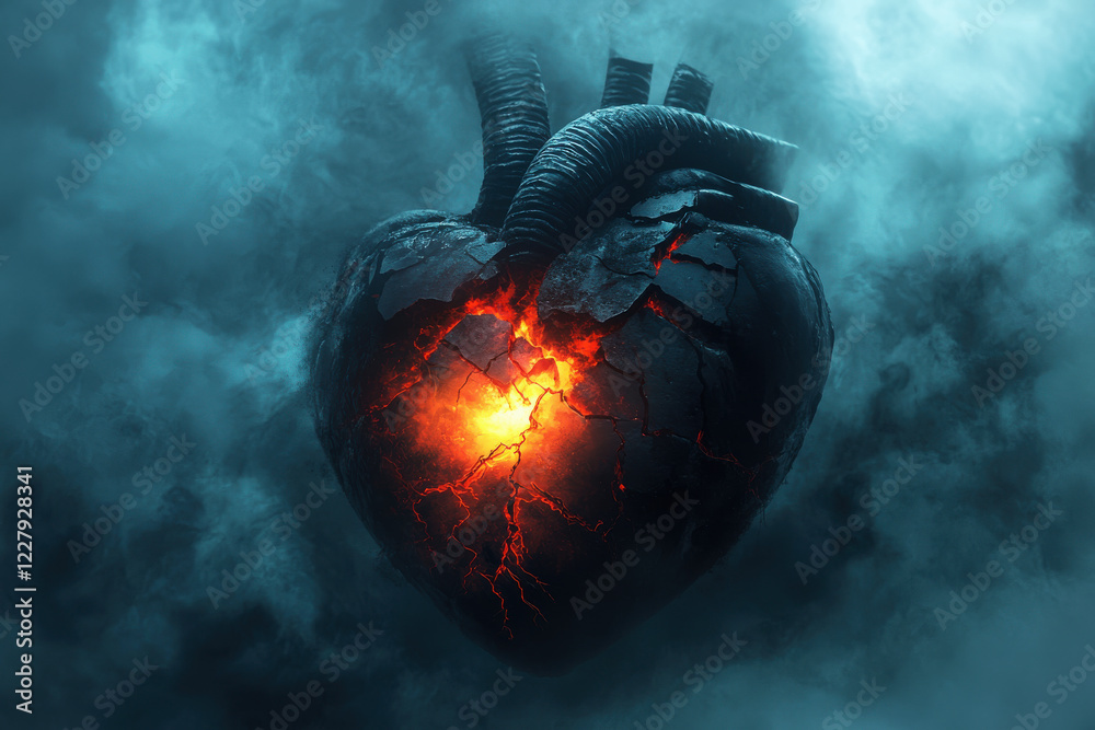 Human heart with deep fractures glowing faintly in a cold dark mist ...