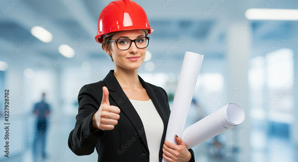 Stock-Foto „Female construction worker wearing hard hat gives thumbs up holding blueprints ...