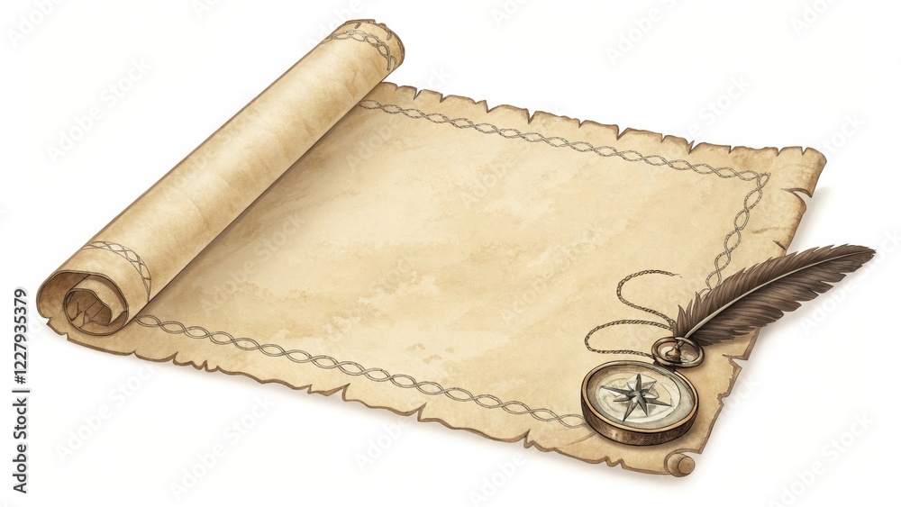 Vintage Map Scroll with Compass and Quill - An antique scroll unrolled ...