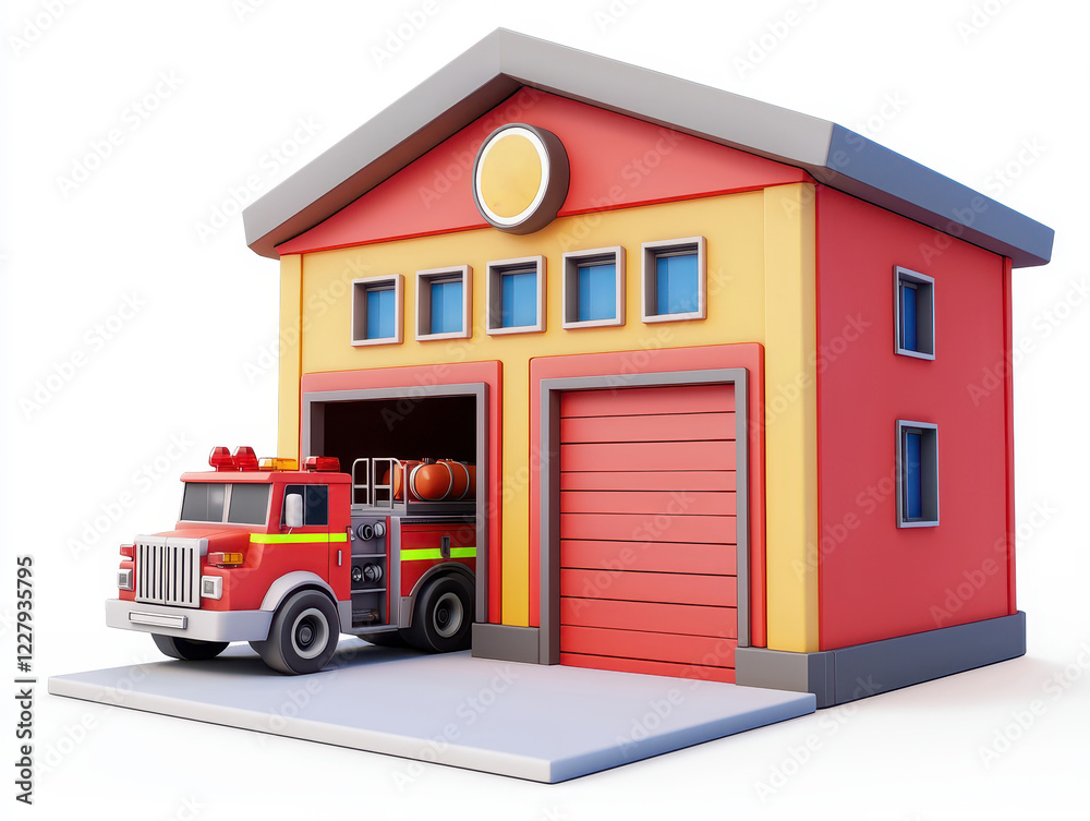 Vibrant cartoon fire station with red garage doors bright environment ...
