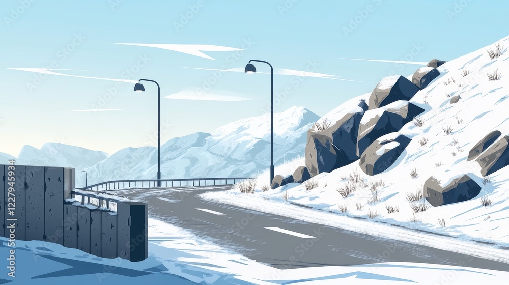 Car road in mountains at winter. Vector cartoon landscape of rocks and ...