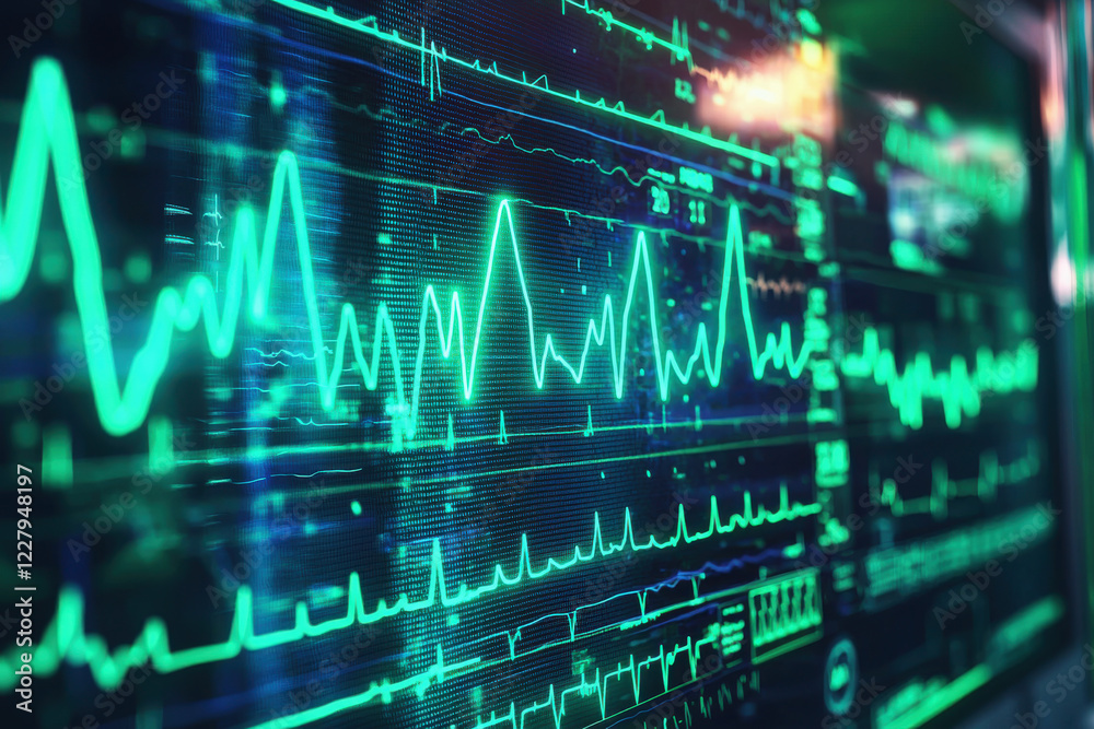 Vivid EKG monitor displaying healthy heartbeat in a clinical setting ...